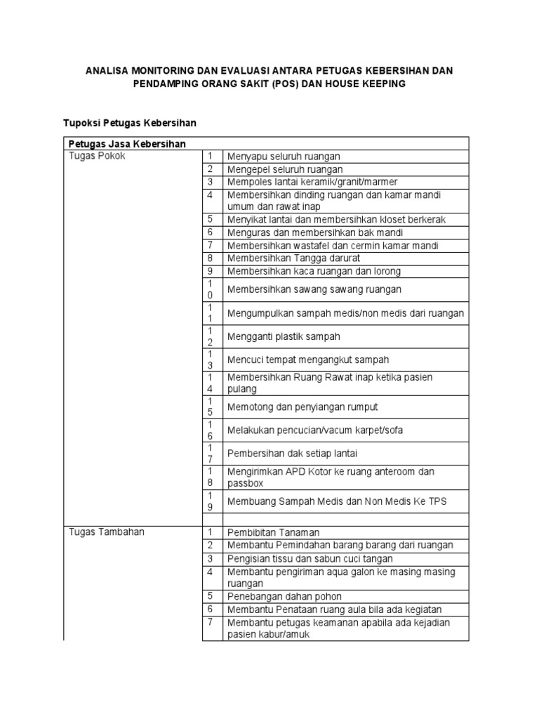 Analisa Monitoring Dan Evaluasi Antara Cleaning Service Dan Pendamping ...