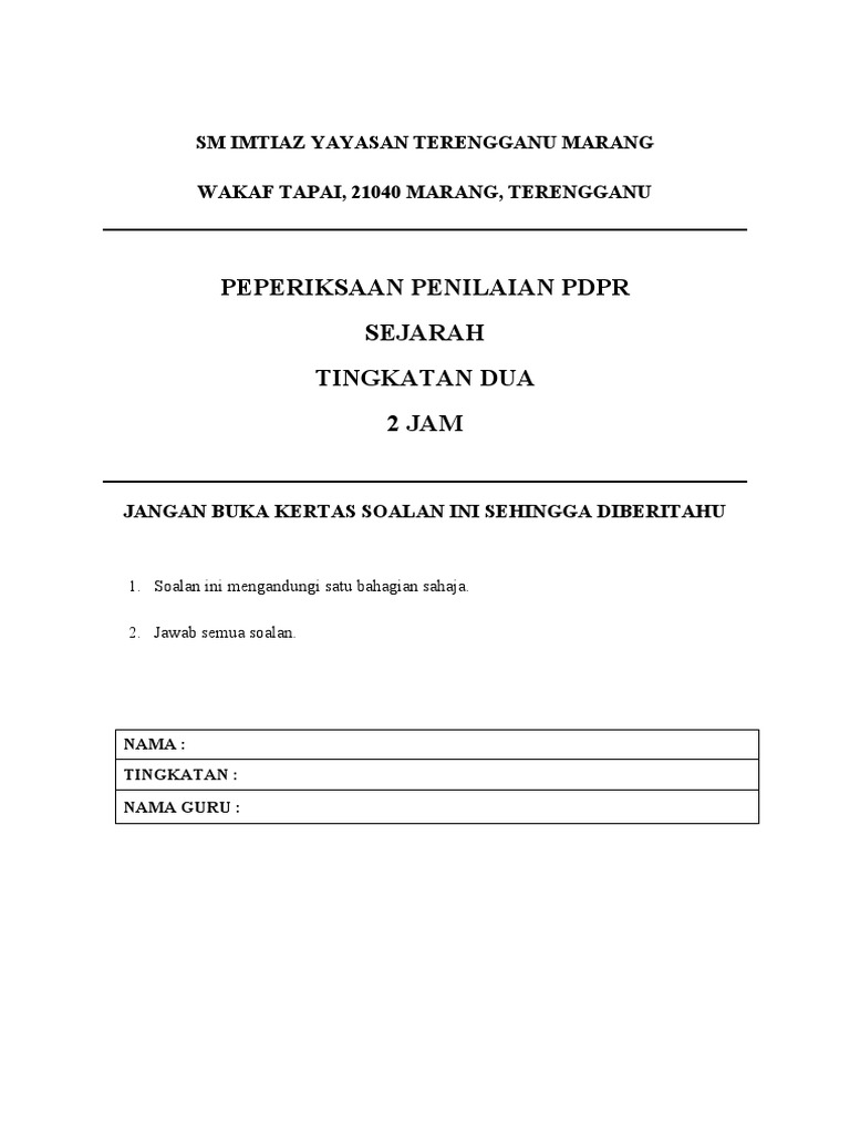 Soalan Exam Sejarah Form 2 2021 Pdf