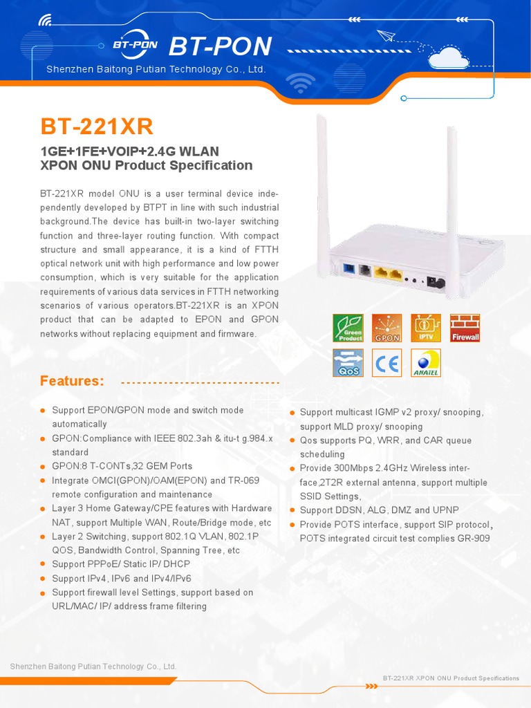 BT-PON BT-221XR XPON ONU ONT Datasheet | PDF | Network Switch ...