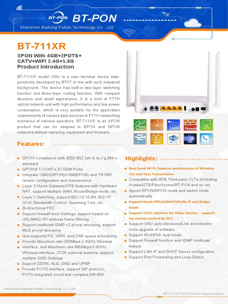 BT-PON_BT-711XR_XPON_ONU_ONT_Datasheet | PDF | Wi Fi | Network Switch