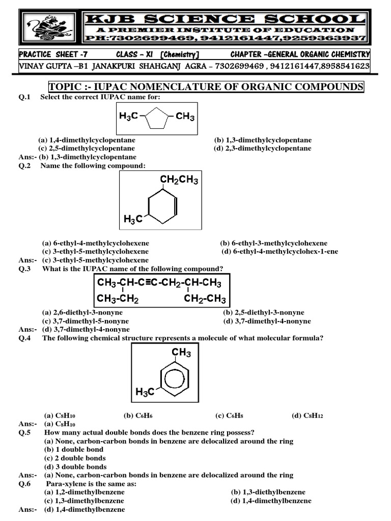 KJB Answersheet Dpa-7 Goc Class 11 | PDF | Organic Chemistry | Chemistry