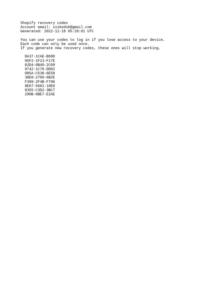 Shopify Account Recovery Codes | PDF | Computers