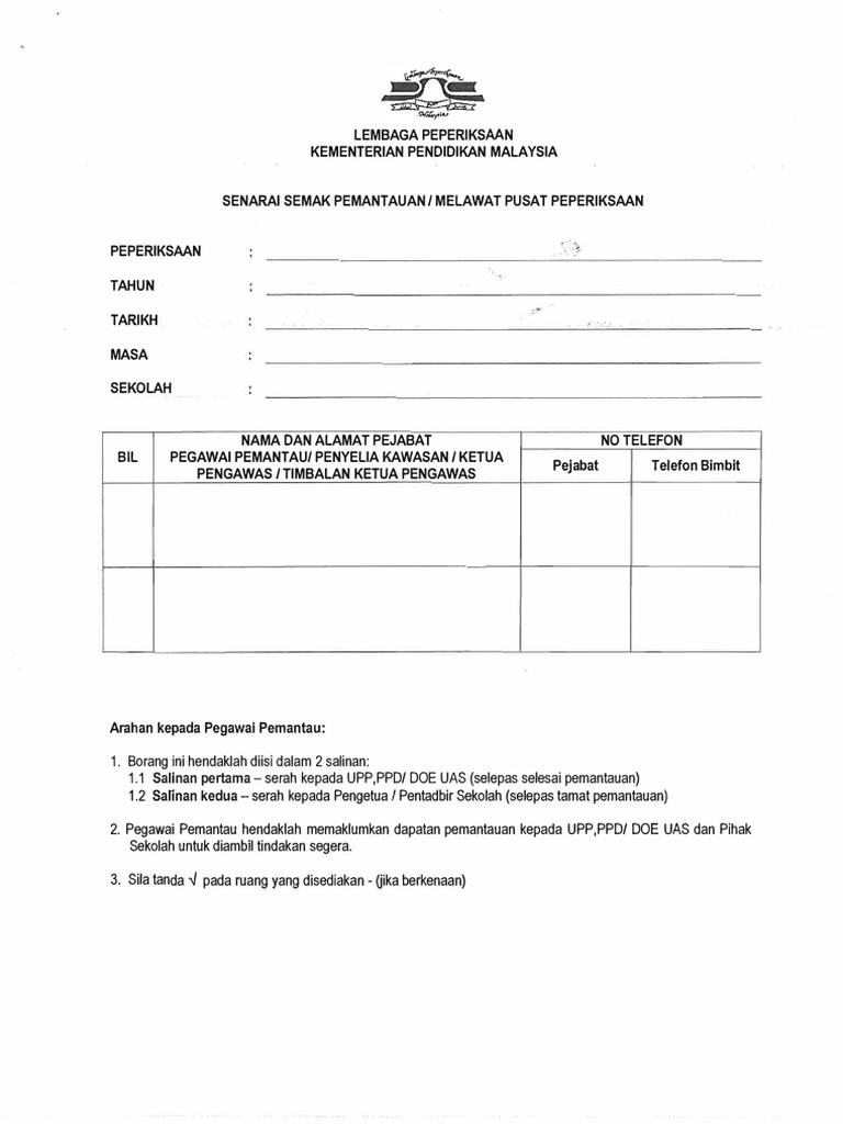 Senarai Semak Pemantauan Melawat Pusat Peperiksaan Uas SPM | PDF