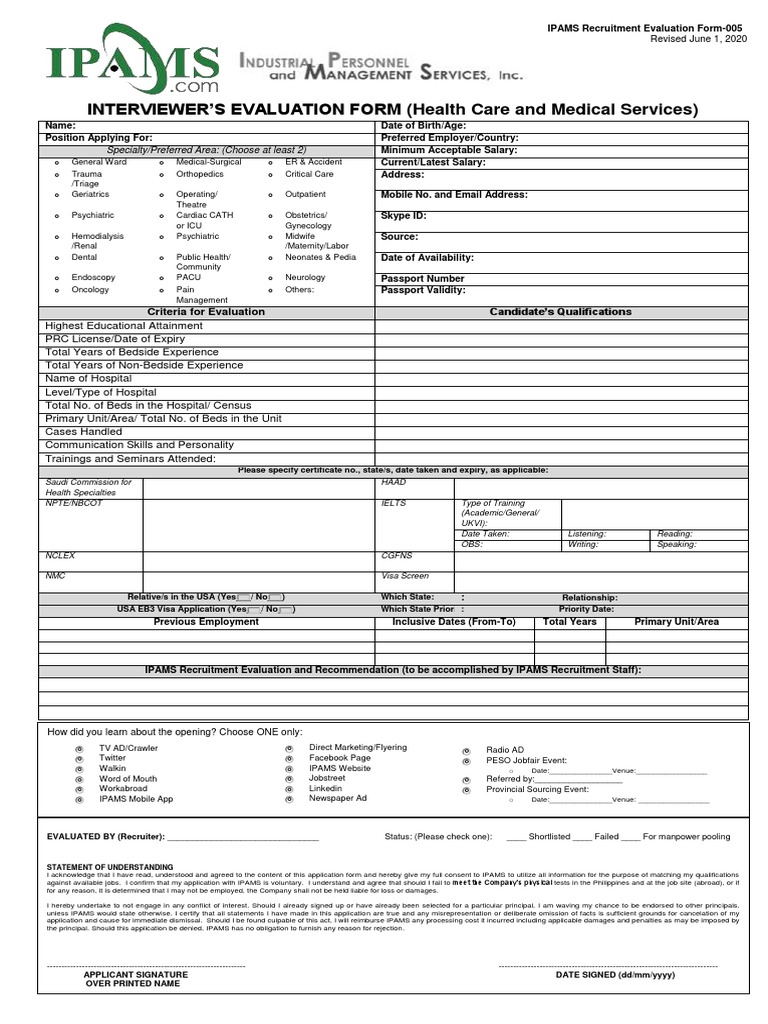 IPAMS Evaluation Form and Application Guide | PDF | Recruitment | Hospital