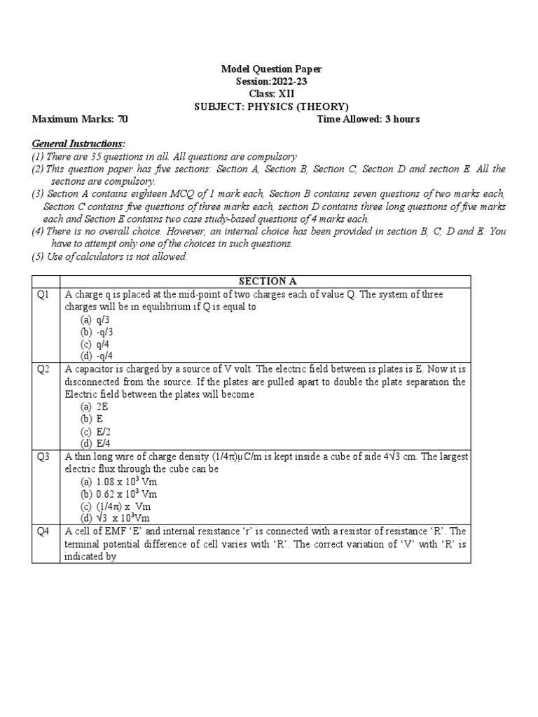 Class 12 Physics Model Question Paper | PDF | Capacitor | Capacitance