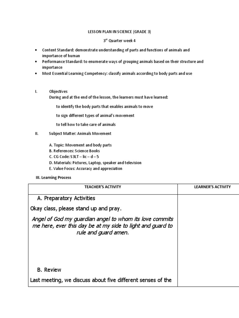 Grade 3 Science: Animal Movement Lesson | PDF | Learning | Senses
