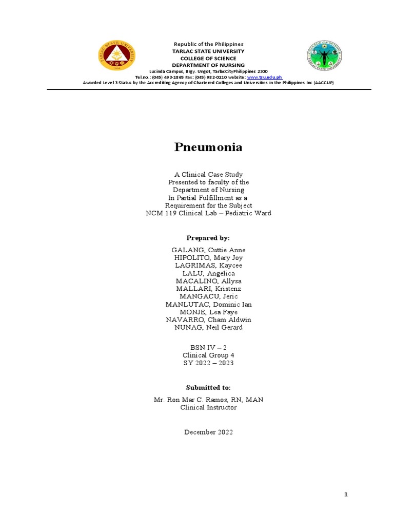 NCM119ClinicalLab Pediatric Ward Pneumonia Case Study Group 4 | Download Free PDF | Lung | Pneumonia