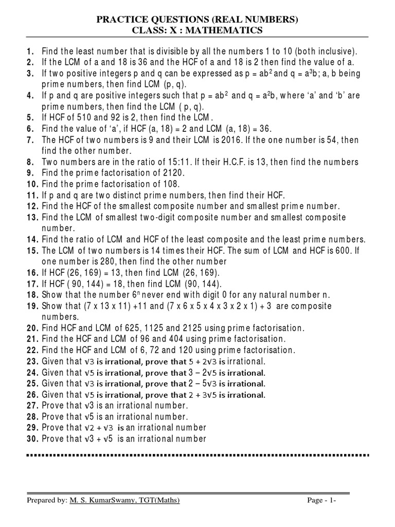 Class 10 Real Numbers Practice Questions | PDF | Finance & Money ...