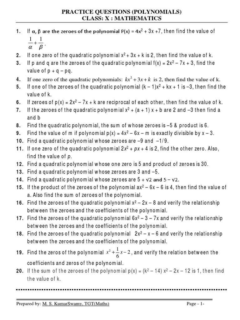 Practice Questions Polynomials Class X | PDF | Teaching Methods ...