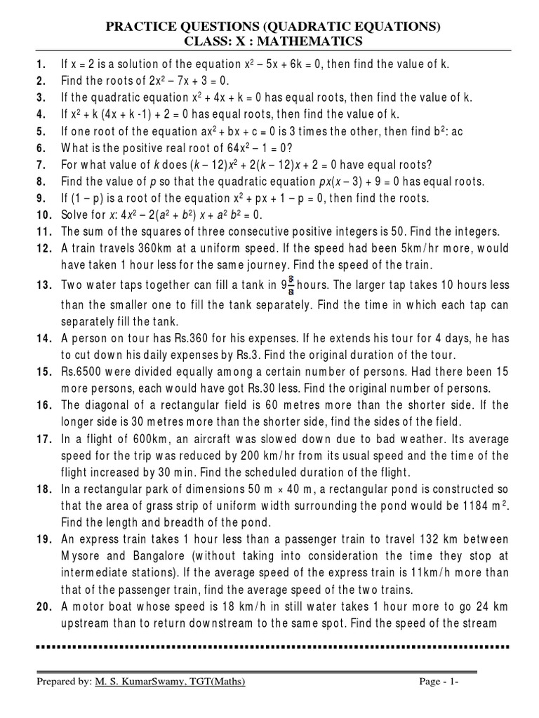 Practice Questions Quadratic Equations Class X | PDF | Equations ...