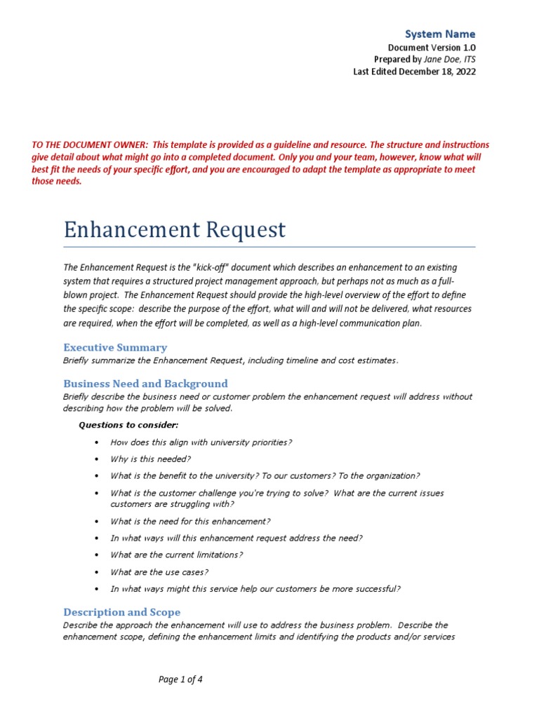 Enhancement Request Template | PDF | Performance Indicator | Project Management