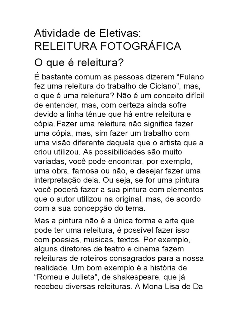 Atividade de Eletivas Releitura | PDF