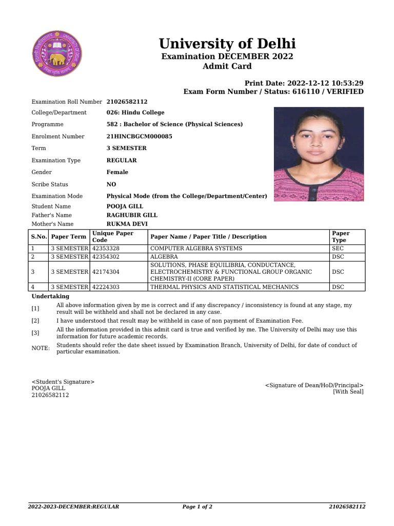 Admit Card for B.Sc. Exam 2022-23 | PDF | University And College Admission