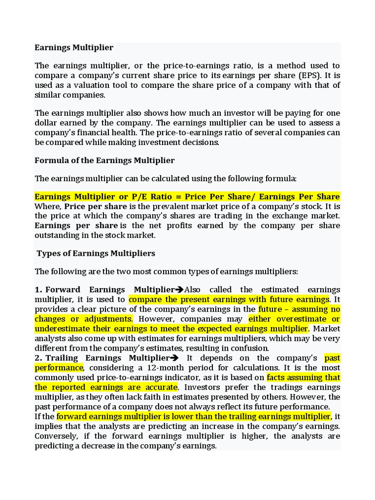 Unit 4 Earnings Multiplier and EVA | PDF | Price–Earnings Ratio | Cost ...