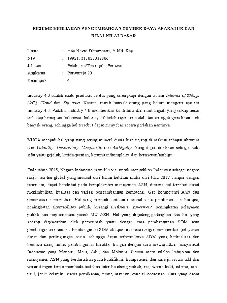 Resume Kebijakan Pengembangan Sumber Daya Aparatur Dan Nilai | PDF