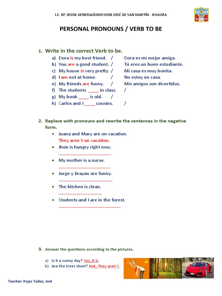 Personal Pronouns and Verb "To Be" Worksheet | PDF | Language Arts ...