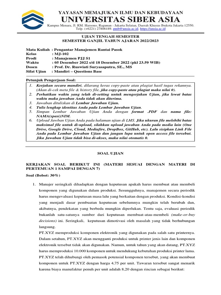 UTS Pengantar Manajemen Rantai Pasok Semester Ganjil 2022-2023 | PDF