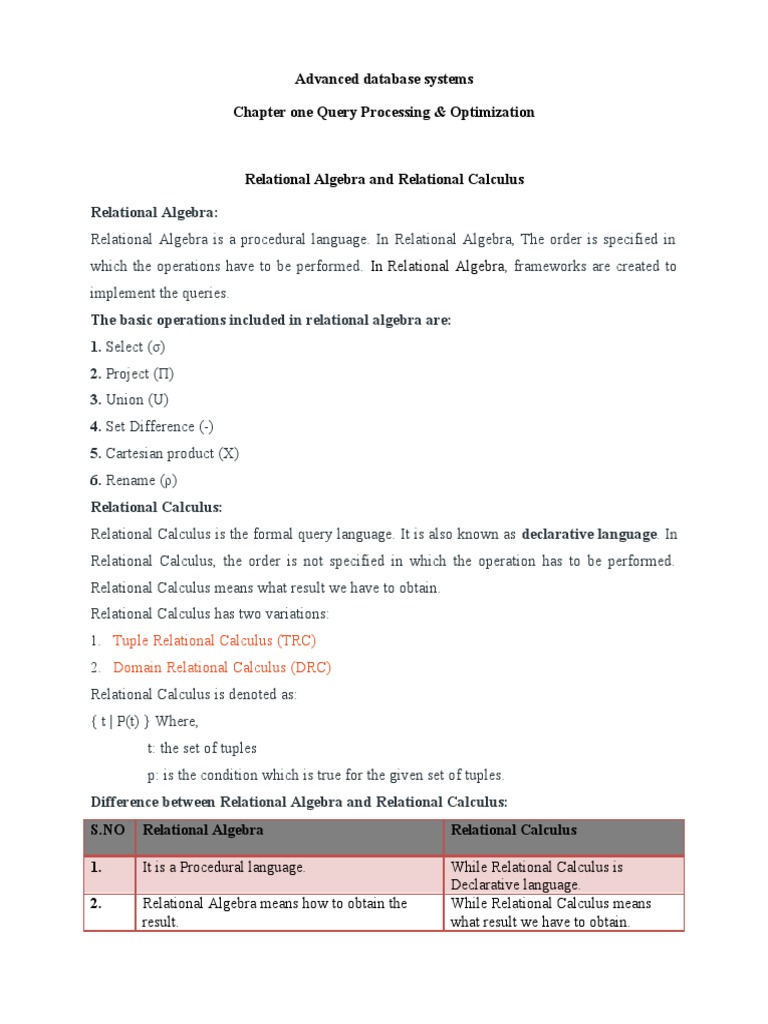 Advanced Database Systems Chapter One Query Processing & Optimization | PDF