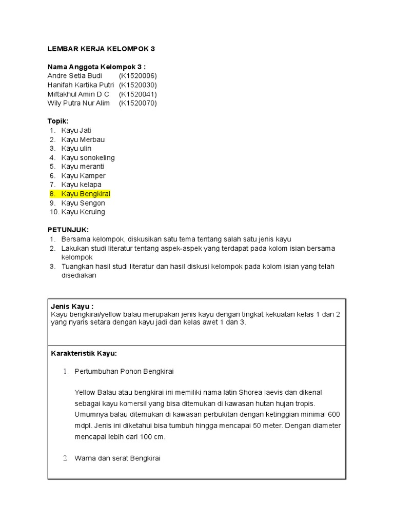 Lembar Kerja Kelompok 3 - Kayu Bengkirai | PDF