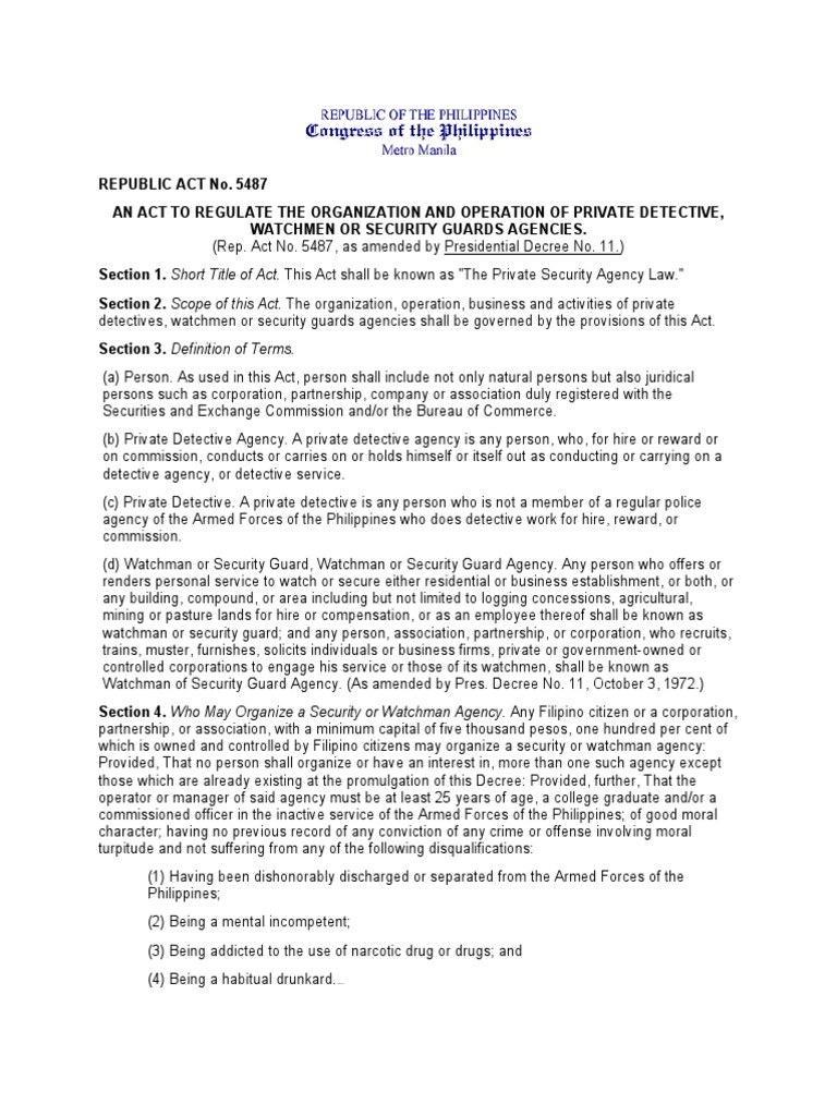 RA 5487 - The Private Security Agency Law | PDF | Security Guard ...