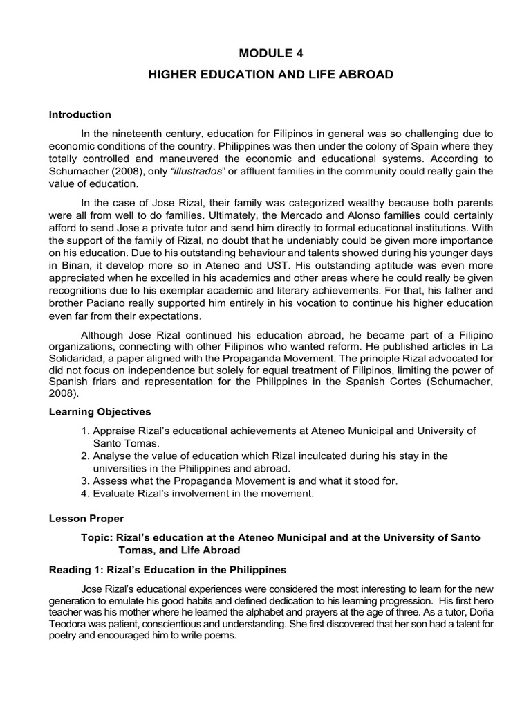 RIZAL Module4 Higher Education and Life Abroad | PDF | Philippines