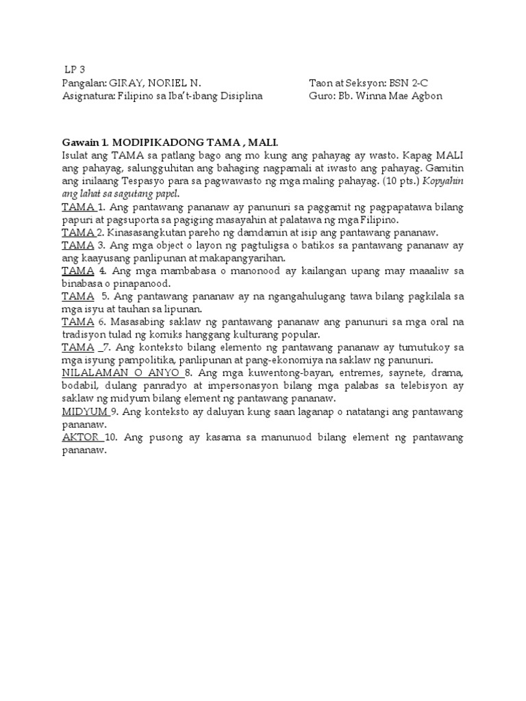Gawain 1. Modipikadong Tama, Mali.: Ang Lahat Sa Sagutang Papel | PDF