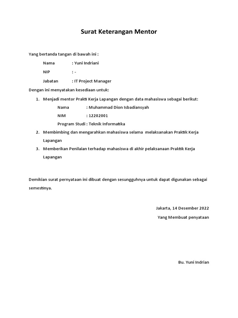 Surat Keterangan Mentor | PDF