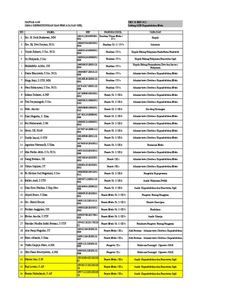 Daftar ASN Disdukcapil 2022 | PDF