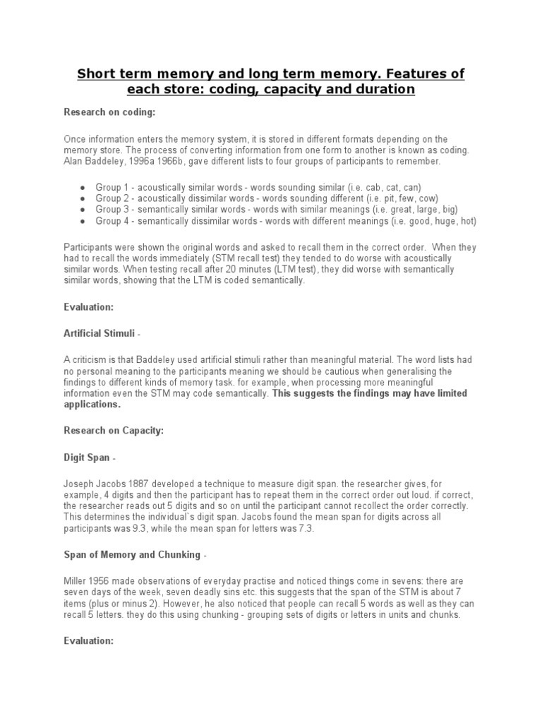 Short term memory and long term memory. Features of each store_ coding, capacity and duration ...