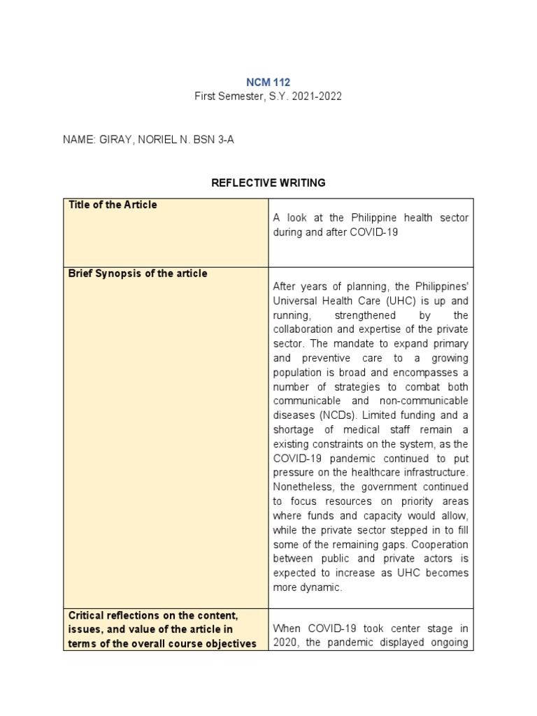 REFLECTIVE WRITING 2 | PDF | Preventive Healthcare | Health Care