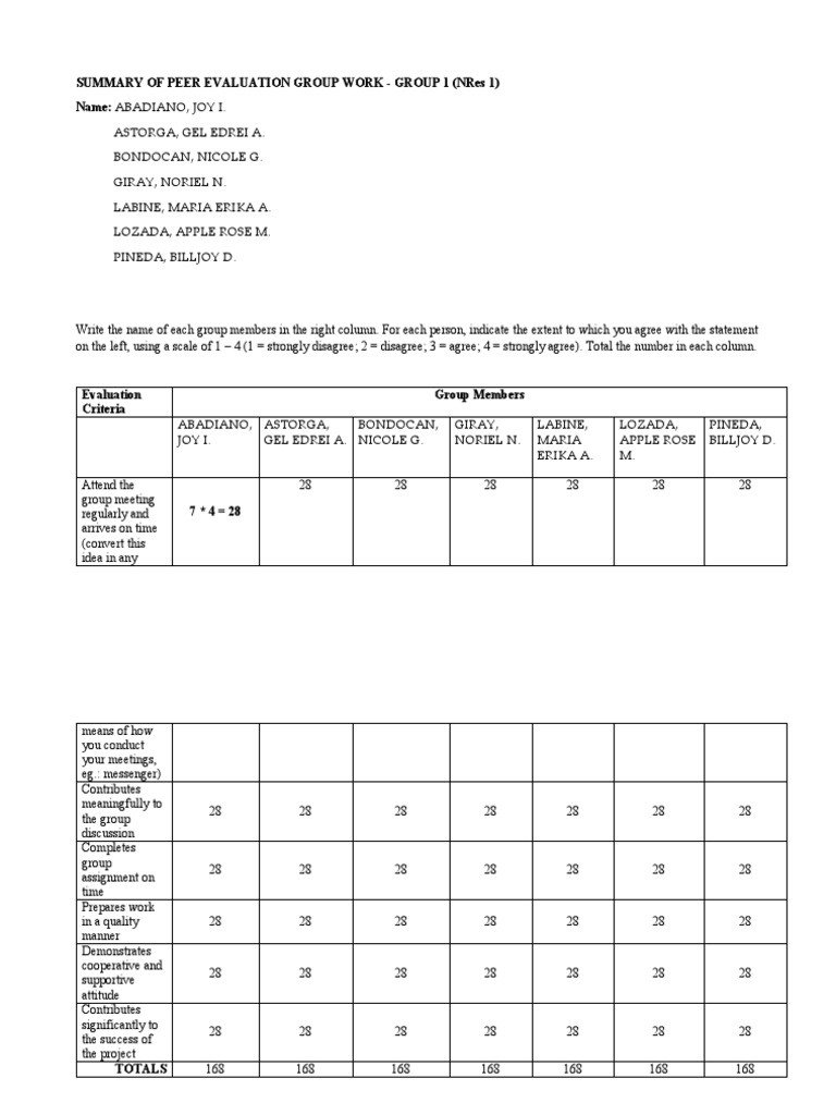 Group 1 Peer Evaluation Summary | PDF