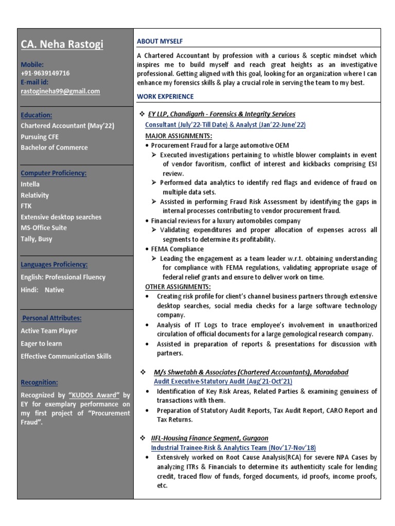 Neha Rastogi: Resume Highlighting Experience in Forensic Accounting ...