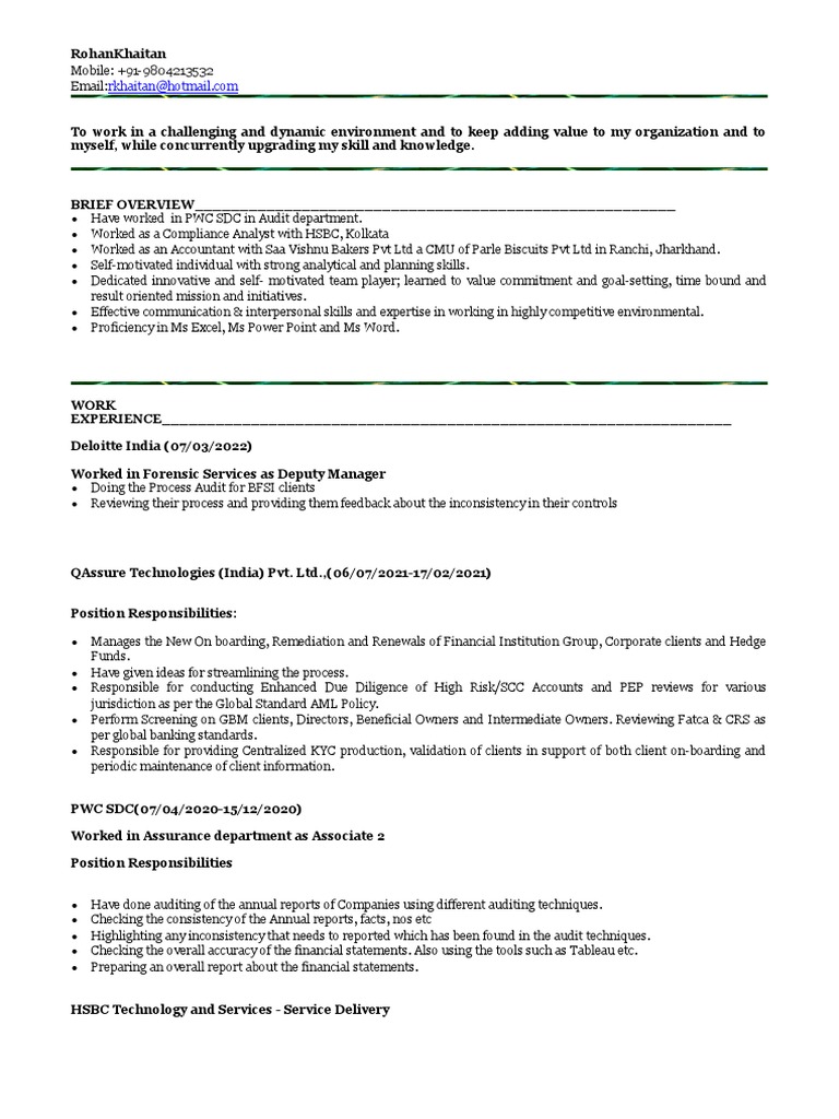 Rohan CV | PDF | Audit | Hsbc