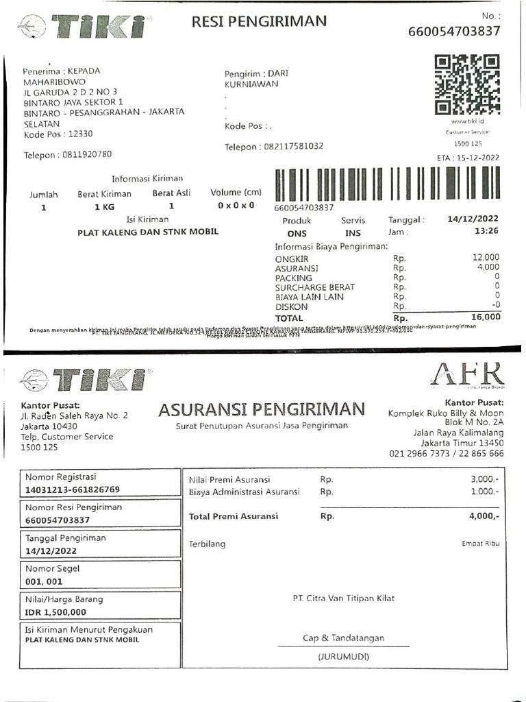Resi Tiki Kirim STNK & Plat Innova B 1640 COR | PDF