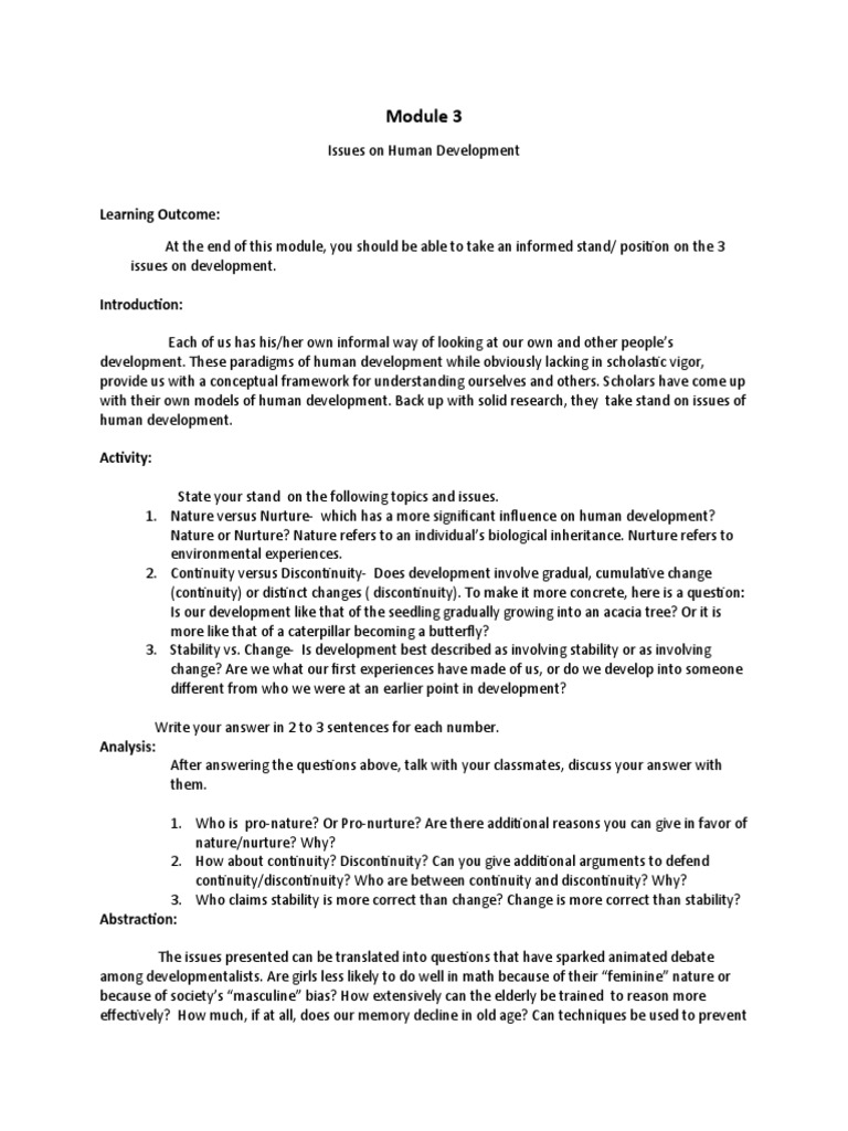 Module 3 | PDF | Nature Versus Nurture | Developmental Psychology