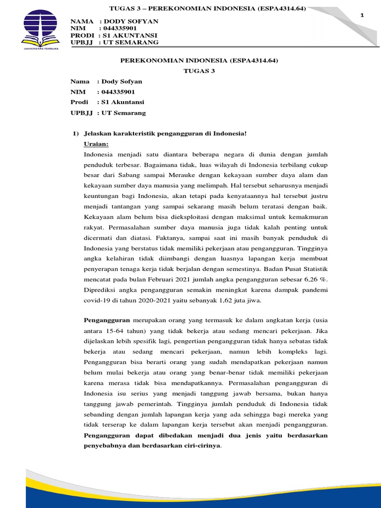 ESPA4314.64 - TUGAS 3 - Dody Sofyan - 044335901 - UT Semarang | PDF