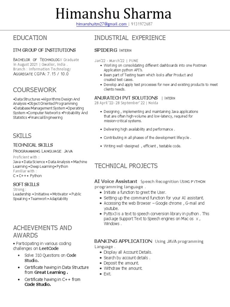 Resume (Himanshu Sharma) | PDF | Computer Programming | Java (Programming Language)