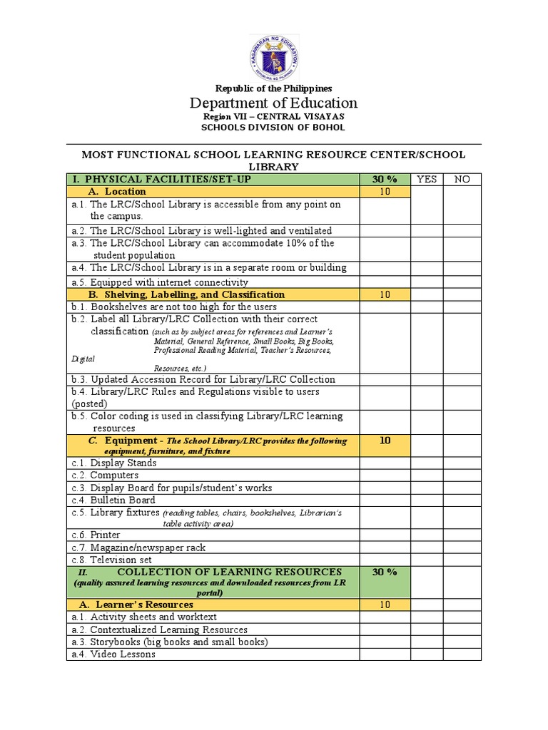 Criteria For School Library and LRC | Download Free PDF | Libraries ...