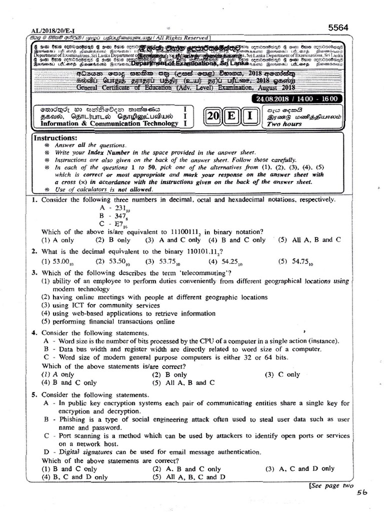 2018 AL ICT English Paper 1 - Itguru | PDF | Internet Protocol Suite ...