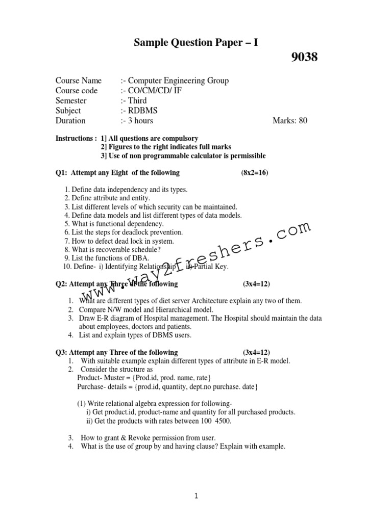 80 Marks Sample Question Paper 15 | Download Free PDF | Relational Database | Data Model