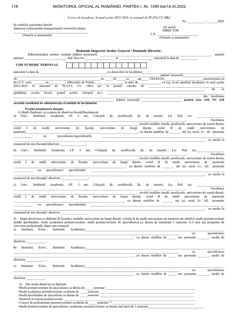 Cerere de Încadrare În Sistem de Plata Cu Ora | PDF
