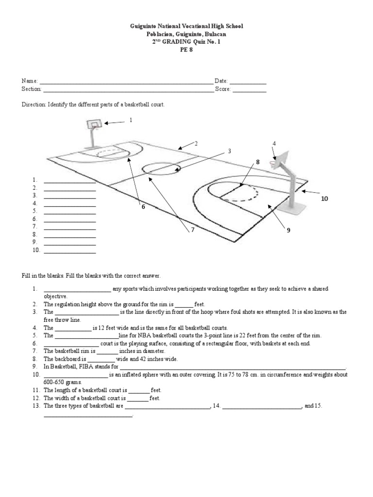 Basketball Court Parts Quiz for PE 8 | PDF | Athletic Sports | Teams