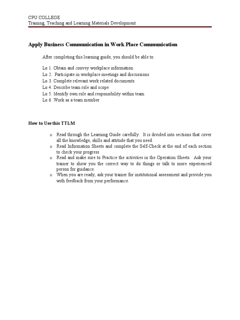Apply Business Communication in Work Place Communication: How To Use This TTLM | PDF
