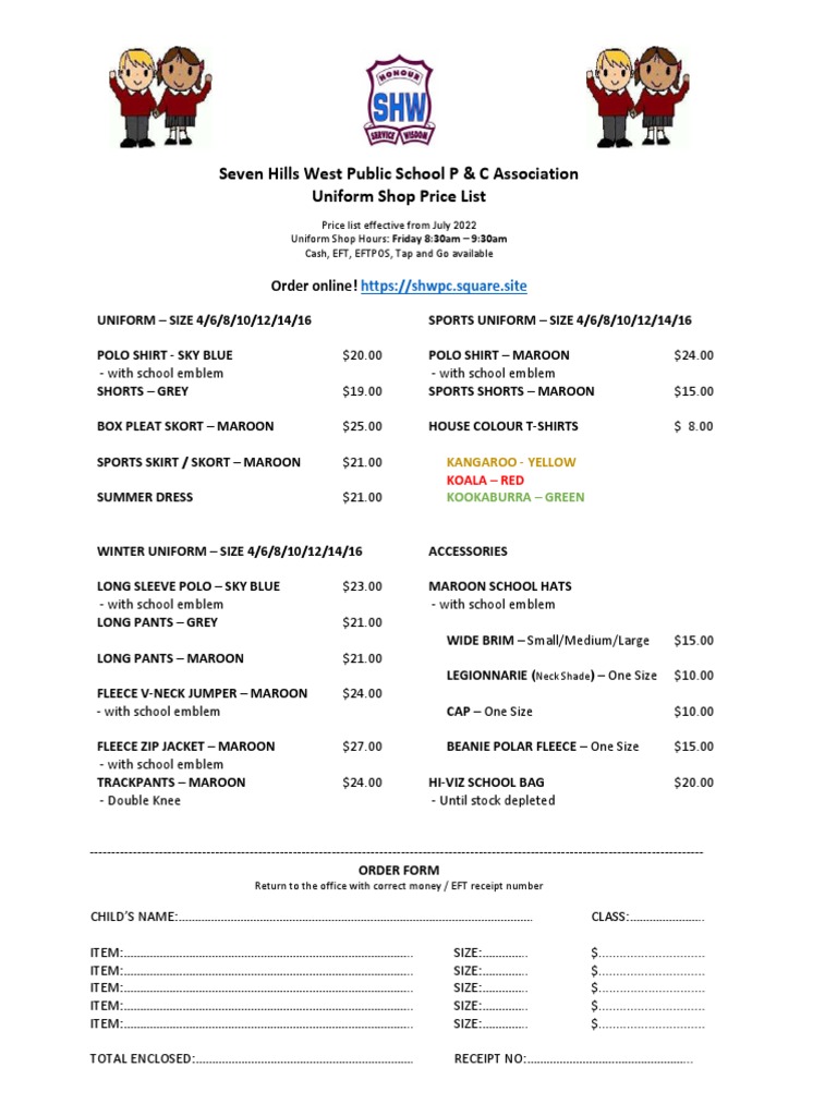 Seven Hills West School Uniform Price List | PDF | Softlines (Retail ...