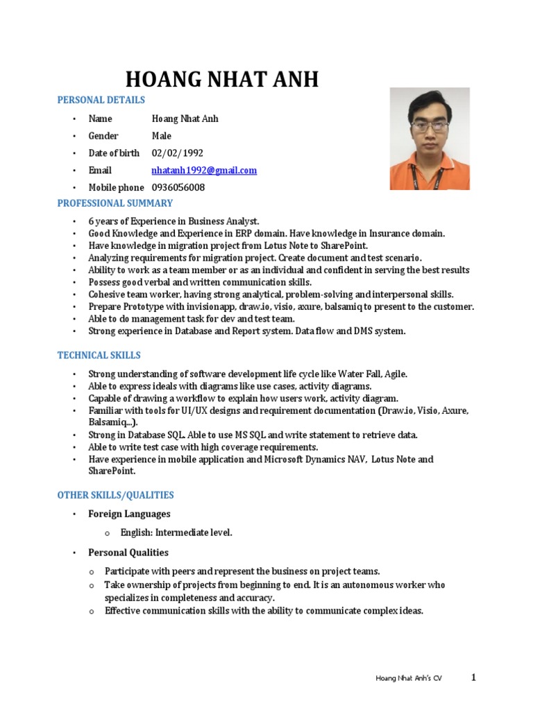Hoang Nhat Anh's Curriculum Vitae Highlighting Over 6 Years of Experience as a Business Analyst ...