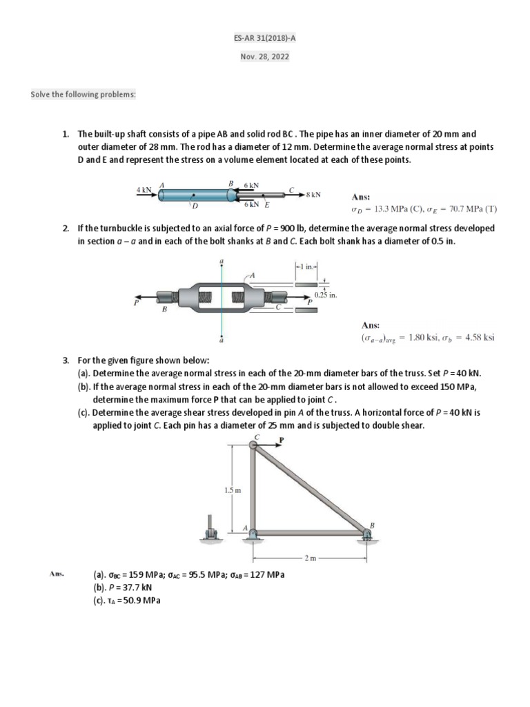 Average normal and shear stress problems | PDF