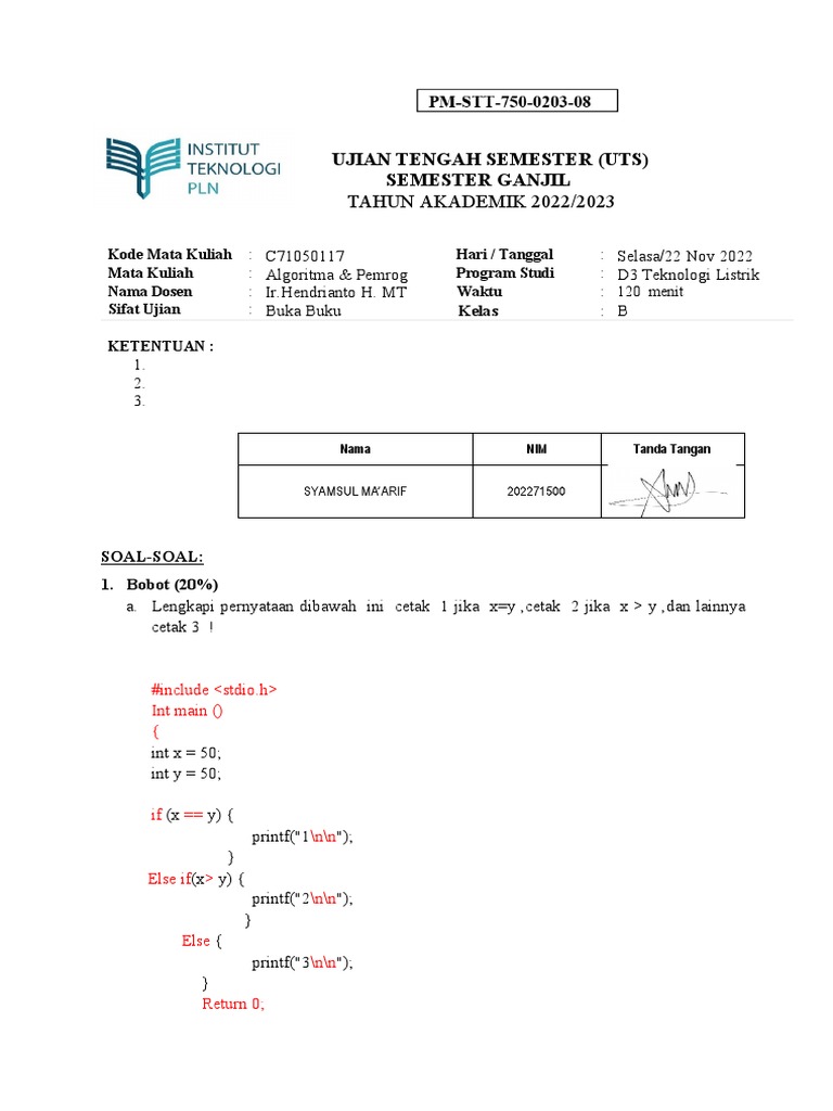 Uts Syamsul Maarif 202271500 Algoritma-1 | PDF
