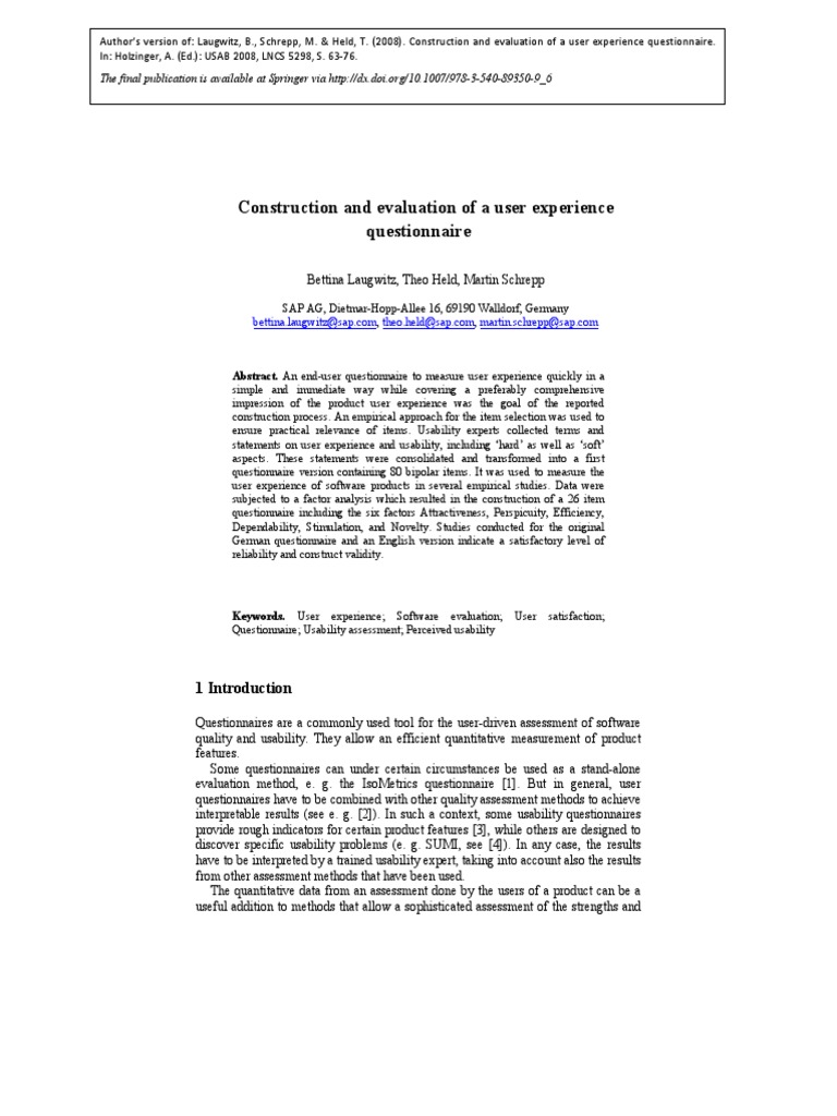 LAUGWITZ - USAB - 2008 Construction and Evaluation of A User Experience Questionnaire | PDF ...