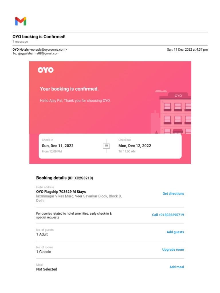 Gmail - OYO Booking Is Confirmed! | Download Free PDF | Payments