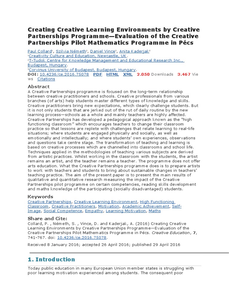 Creating Creative Learning Environments by Creative Partnerships ...